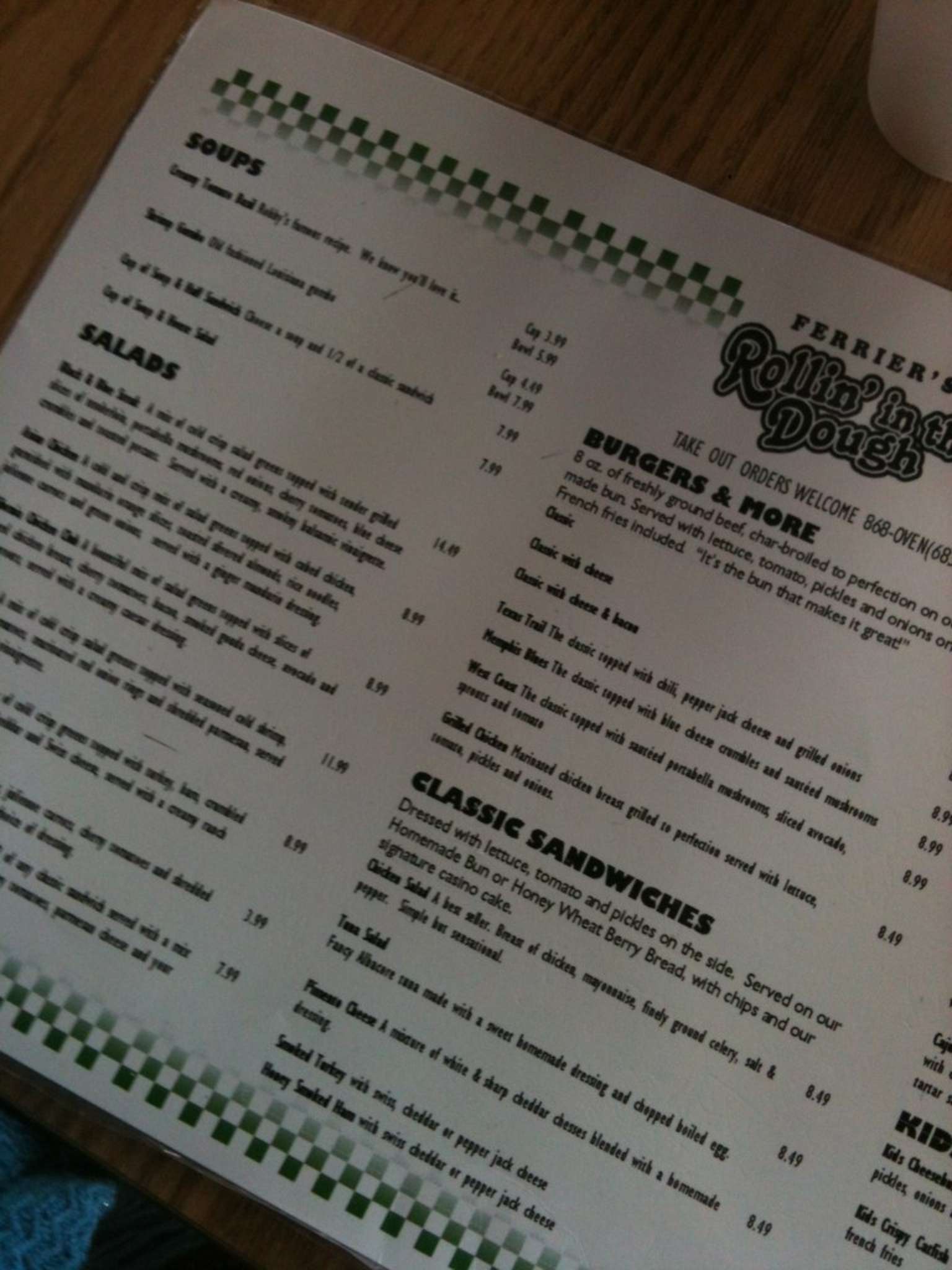 Menu at Ferrier's Rollin' In the Dough restaurant, Shreveport