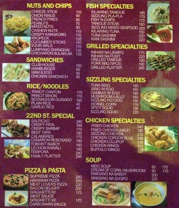 Menu at 22nd Street restaurant, Cebu City