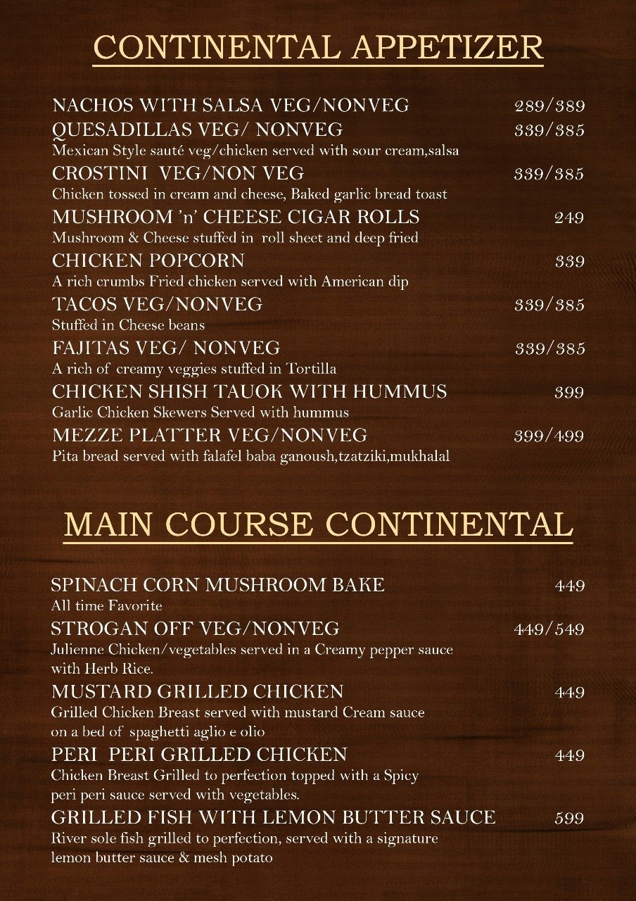 Menu at Sandoz, New Delhi, Sri Aurobindo Marg