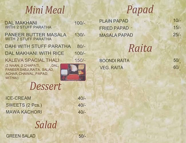 Menu at Kaleva sweets and Restaurant (Banquet hall available), Jaipur, 136