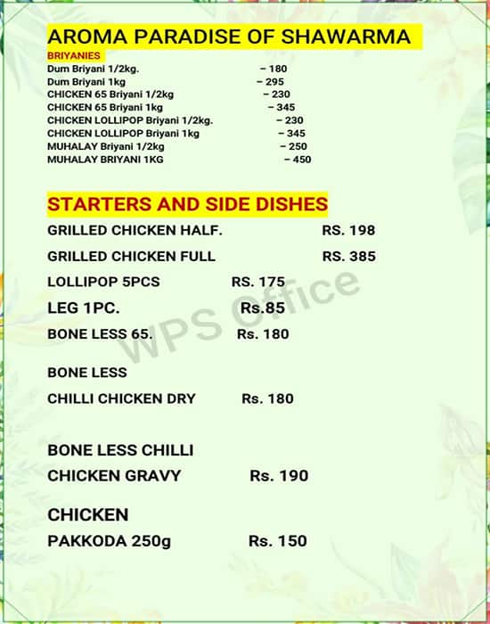 Menu of Aroma Paradise Of Shawarma, Pallavaram, Chennai