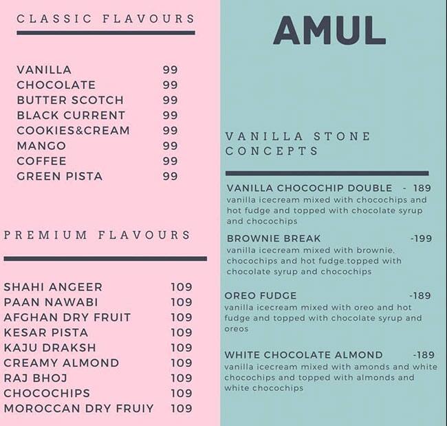 Menu of Amul, Madhapur, Hyderabad