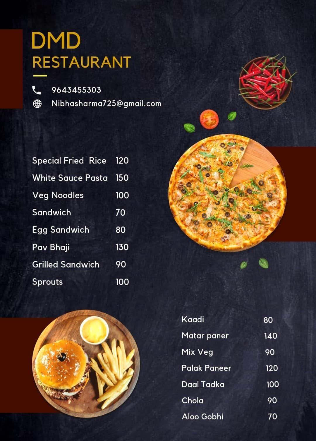 Menu of DMD Restaurant, Khora Colony, Noida