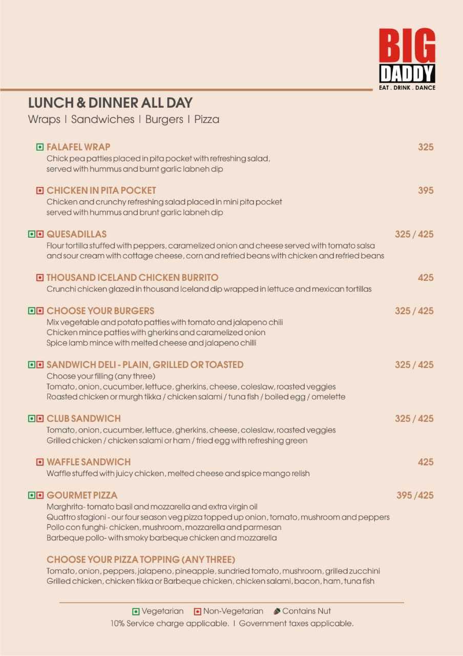 Menu at Big Daddy, Agra, 6