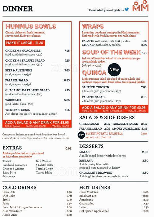 Menu at Hummus Bros restaurant, London, 37-63 Southampton Row