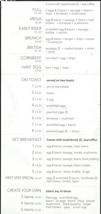 Menu at First Step Cafe, London