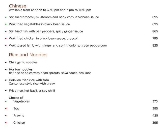 Menu at 601 - The park, Chennai