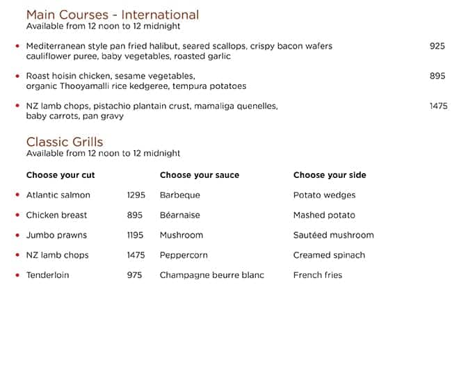 Menu at 601 - The park, Chennai