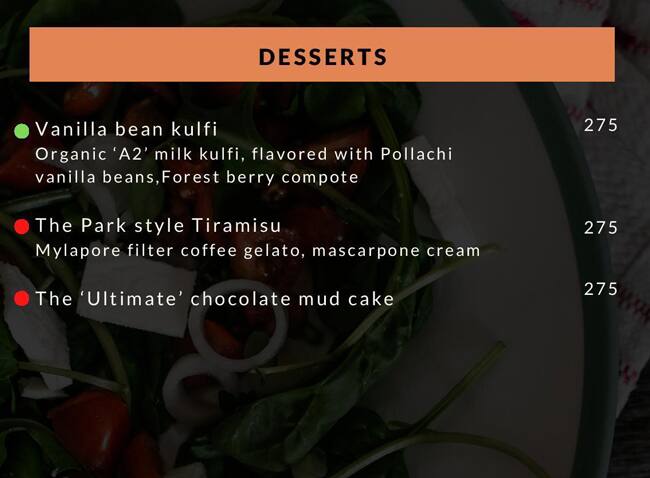 Menu at 601 - The park, Chennai