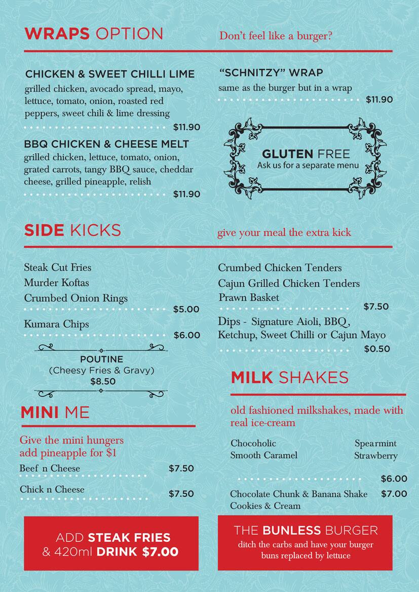 Menu at Murder Burger restaurant, Auckland, 225 Dominion Rd