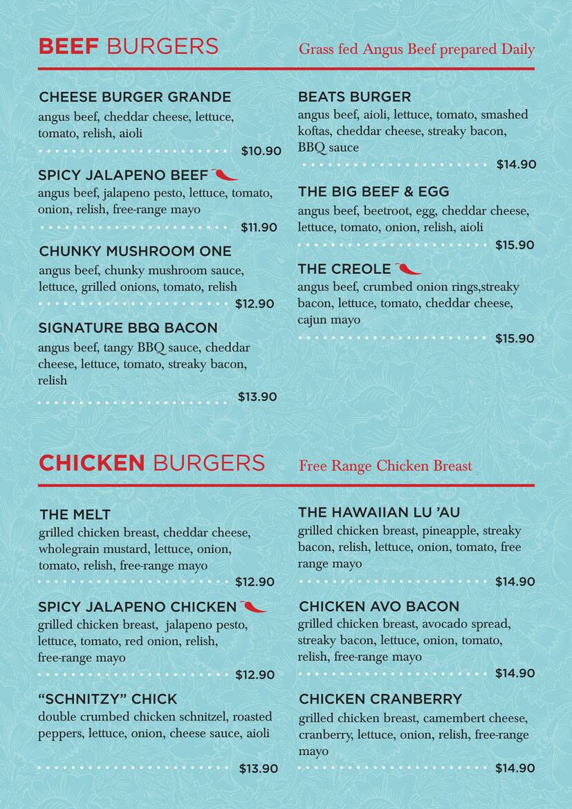 Menu at Murder Burger restaurant, Auckland, 225 Dominion Rd