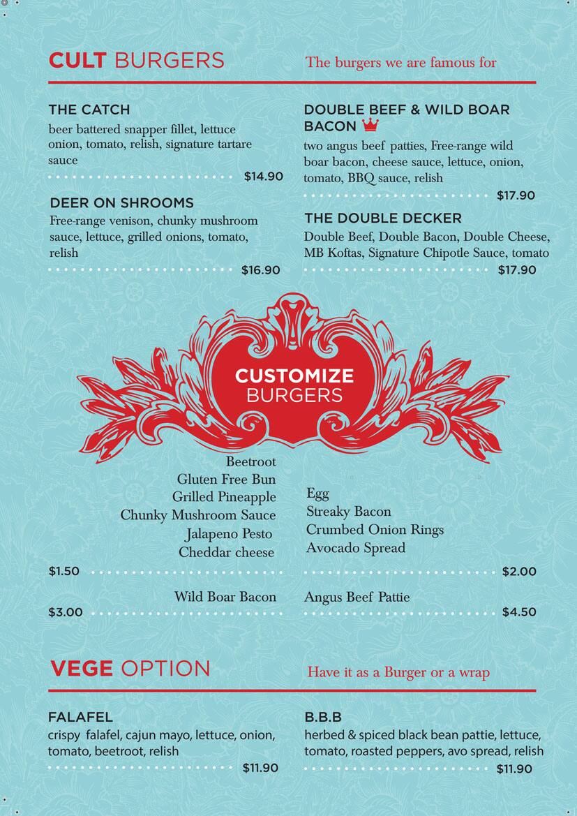 Menu at Murder Burger restaurant, Auckland, 225 Dominion Rd