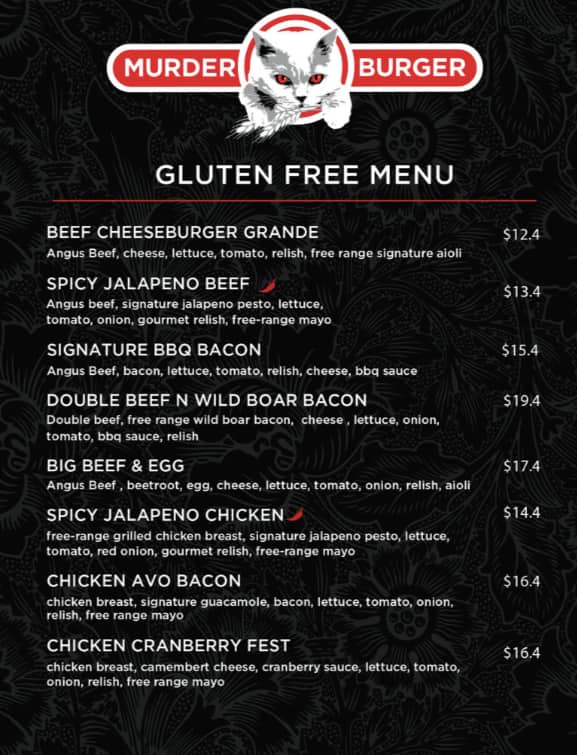 Menu at Murder Burger restaurant, Auckland, 225 Dominion Rd