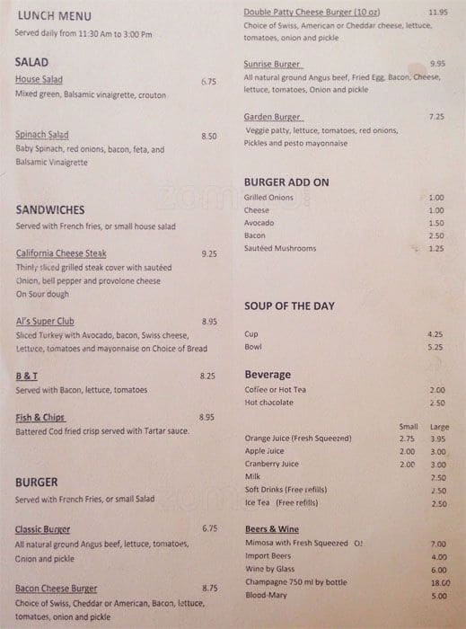 Menu at Al's Super Cafe, San Francisco