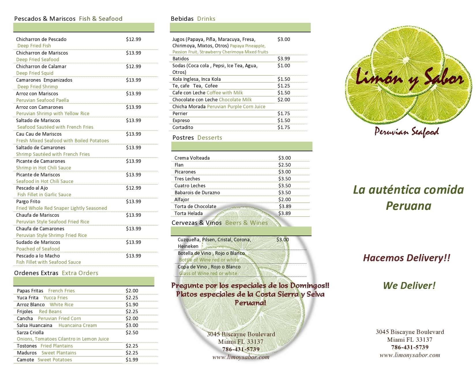 Menu at Limon & Sabor Peruvian Seafood restaurant, Miami