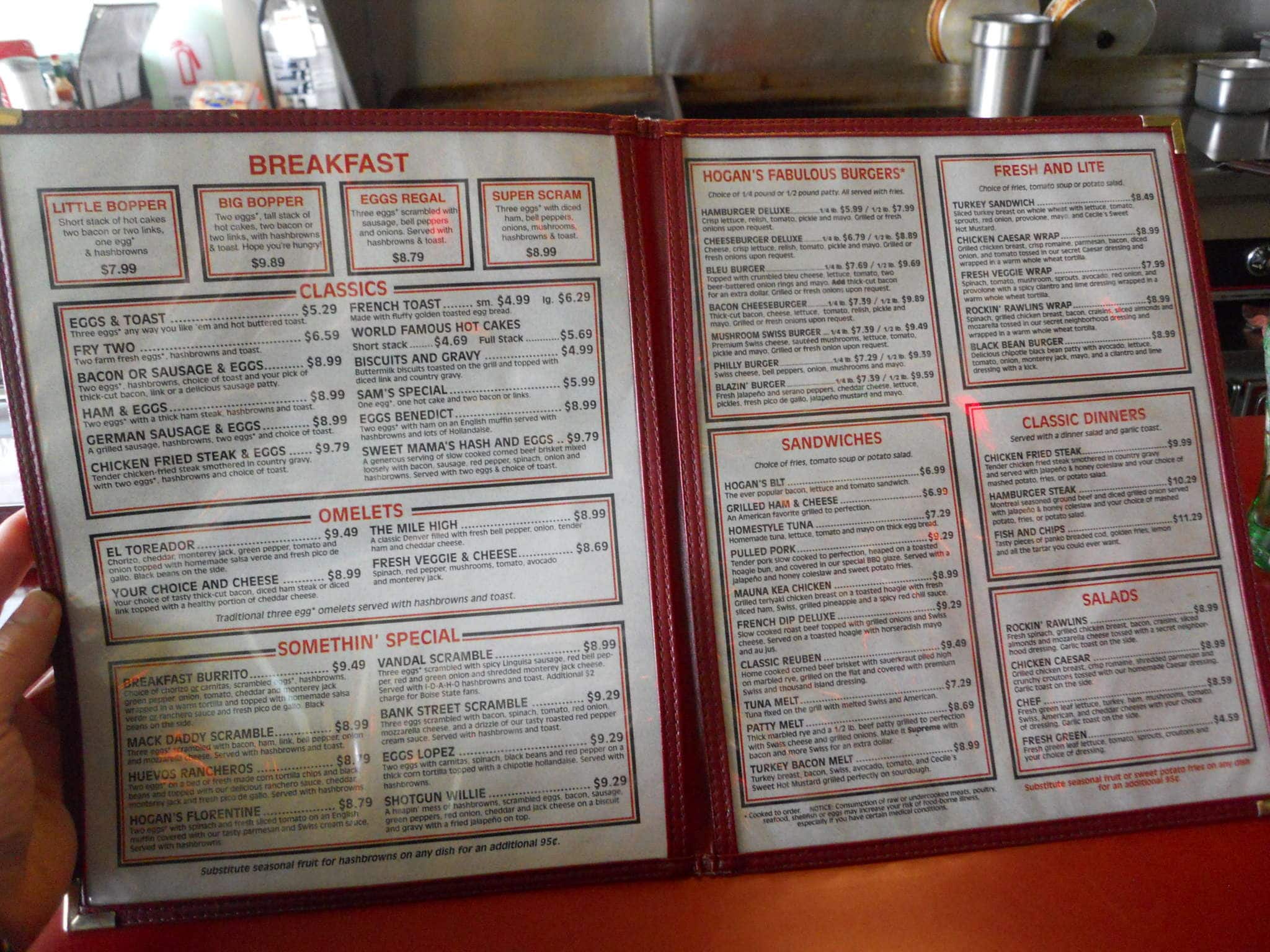Menu at Hogan's Cafe Deluxe, Spokane