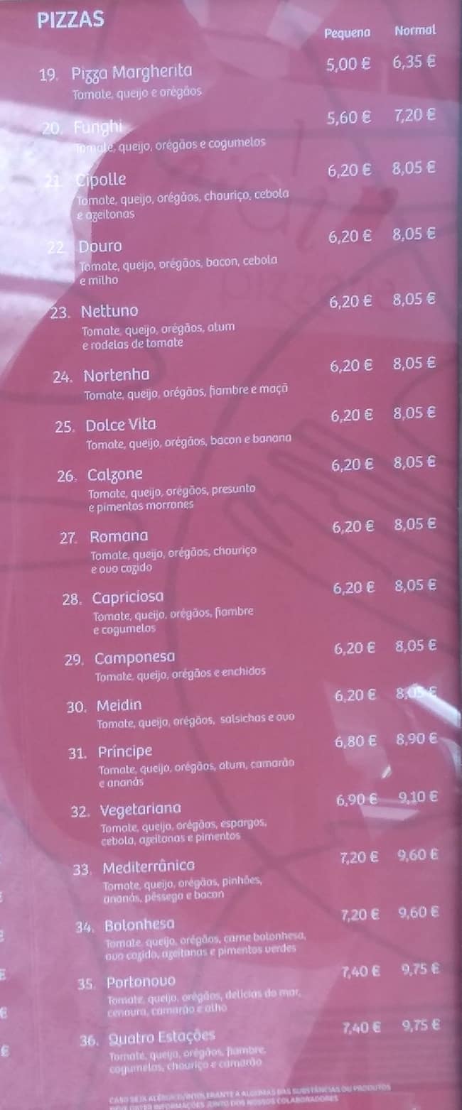 Menu em Pizzeria Meidin, Porto, Rua de Santa Catarina 949