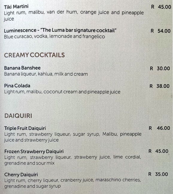 Menu at Luma Bar & Lounge, Sun City