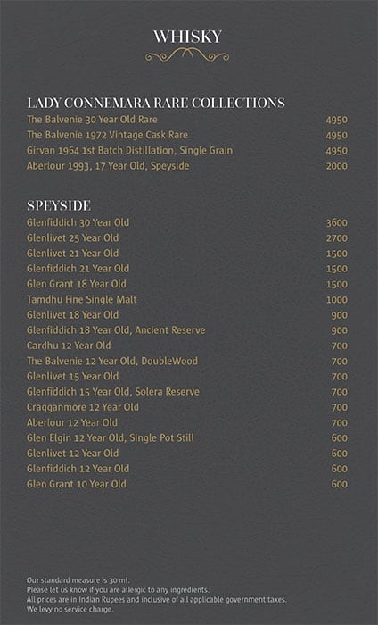 Menu of The Lady Connemara - Taj Connemara, Anna Salai, Chennai