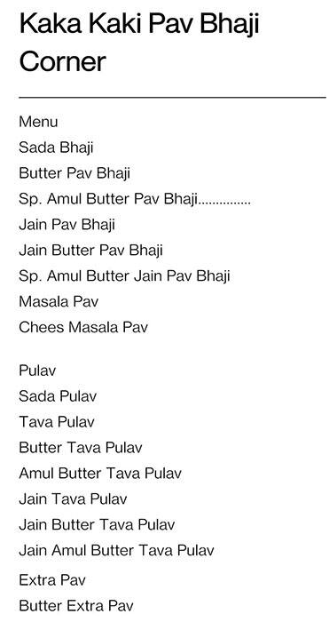 Menu of Kaka Kaki Pav Bhaji Corner, Virar, Mumbai
