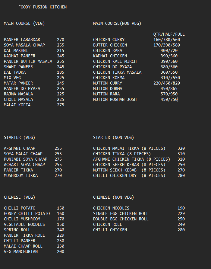 Menu of Foody Fusion, Mehrauli, New Delhi