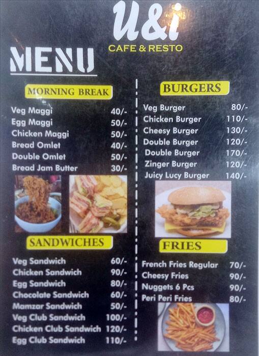 Menu of U & I Cafe & Resto, MG Road, Bangalore