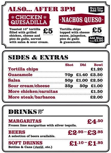 Menu at Tortilla fast food, London, 18 N Colonnade