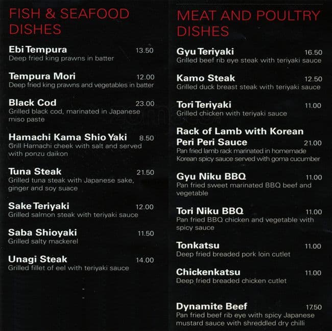 Menu at Maguro restaurant, London