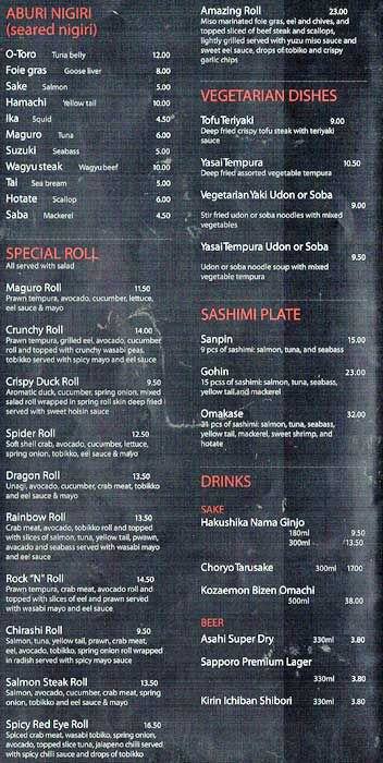 Menu at Maguro restaurant, London