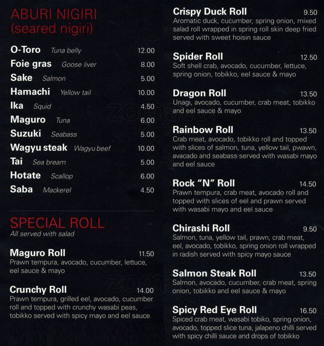 Menu at Maguro restaurant, London