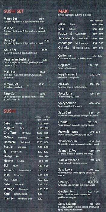 Menu at Maguro restaurant, London