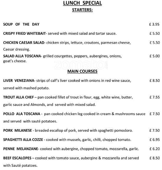 Menu at Toscana restaurant, Sidcup, Station Rd