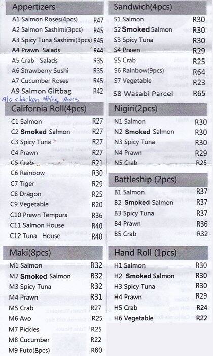 Menu at Ming Woo sushi bar, Pretoria