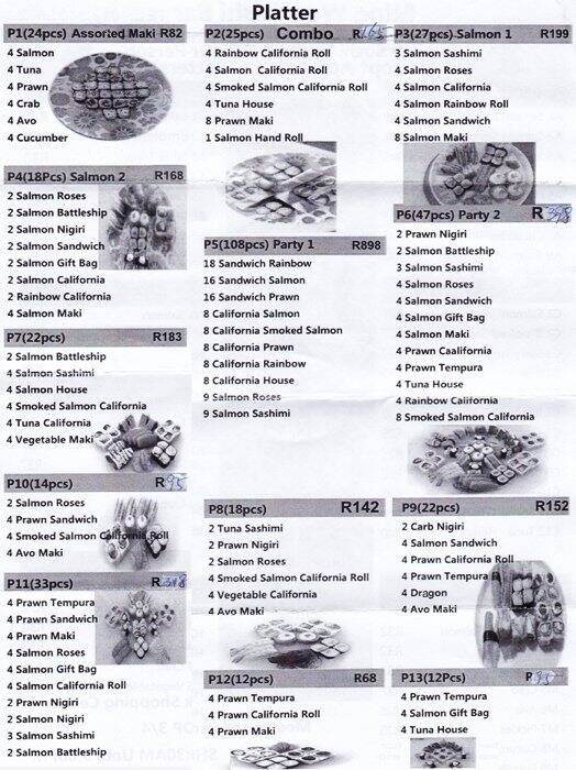 Menu at Ming Woo sushi bar, Pretoria