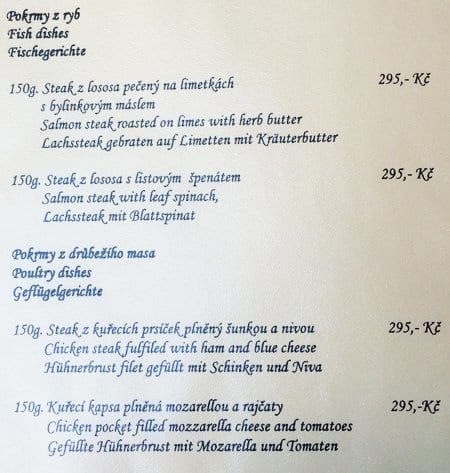 Carta del restaurante Restaurace Dvořák, Praga