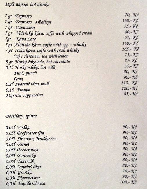 Menu at Restaurace Dvořák restaurant, Prague