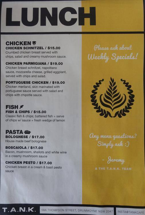 Menu at Cafe T.A.N.K, Drummoyne