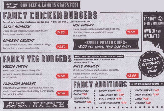 Menu at Fancy Burger restaurant, Adelaide