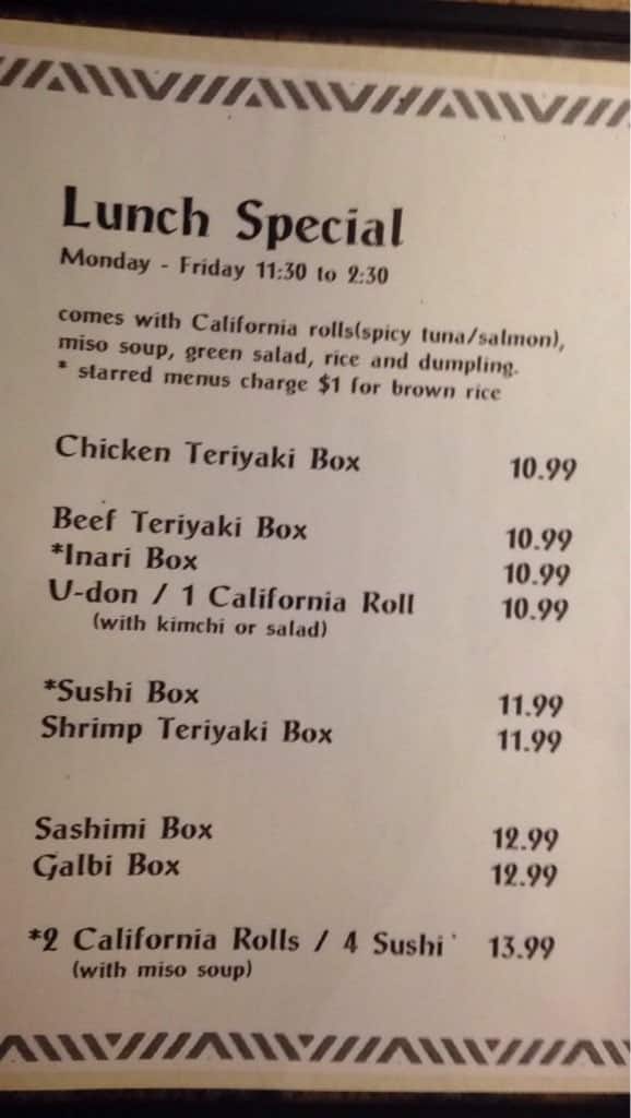 Menu at Sushi Ya restaurant, London