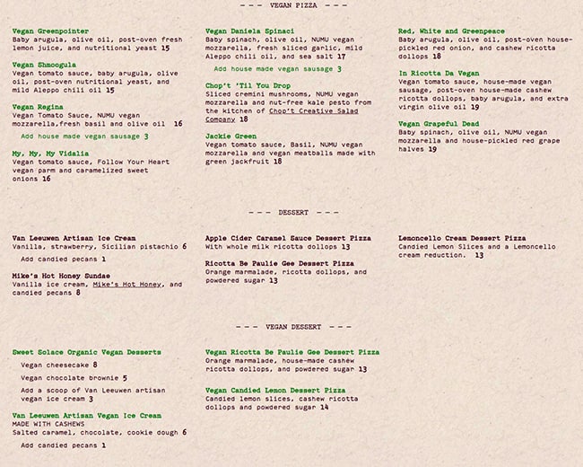 Menu at Paulie Gee's pizzeria, New York City