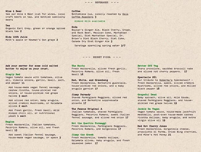 Menu at Paulie Gee's pizzeria, New York City