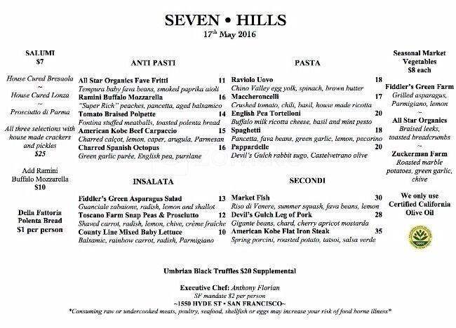 Seven Hills Menu, Menu for Seven Hills, Nob Hill, San Francisco ...