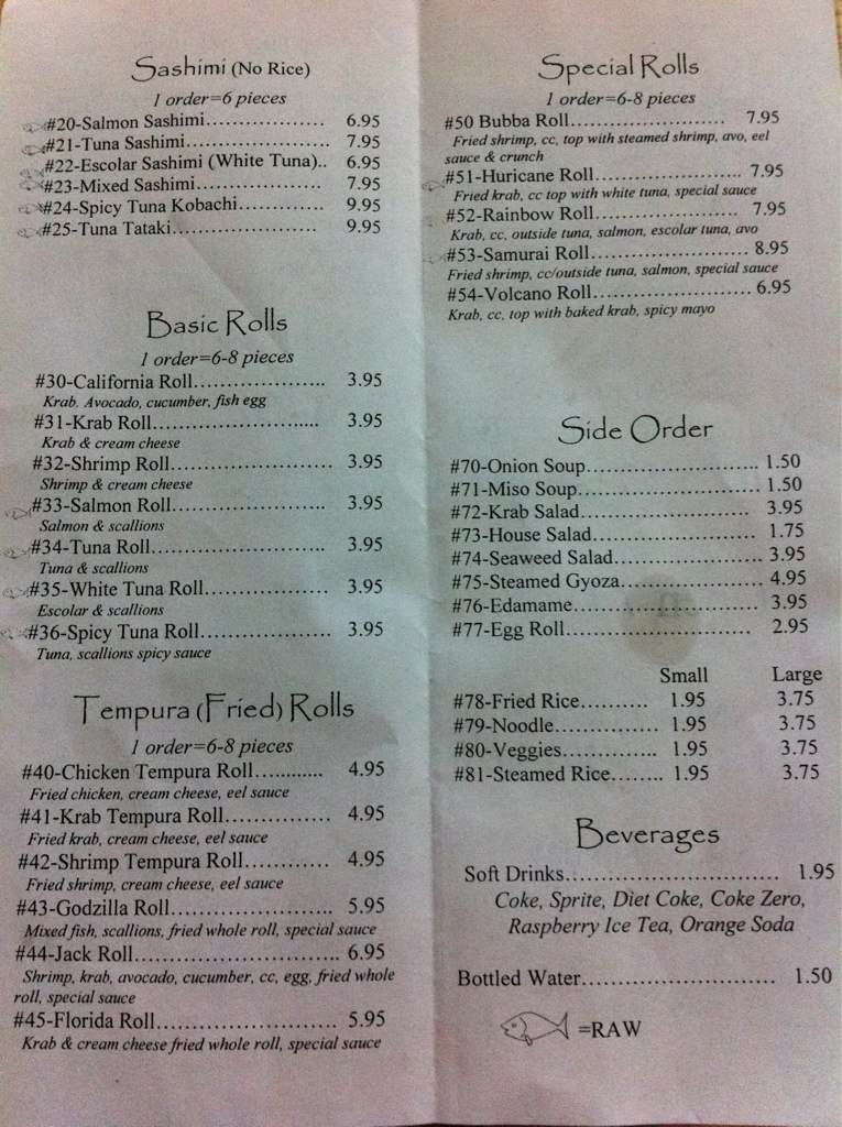 Menu at Japan Express restaurant, Winter Park