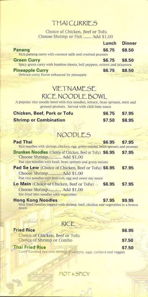 Menu at Thai Basil restaurant, Colorado Springs