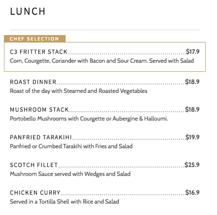 Menu at Aston Norwood cafe, Upper Hutt