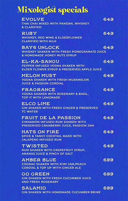 Menu of Bay 6, Akkarai, Chennai