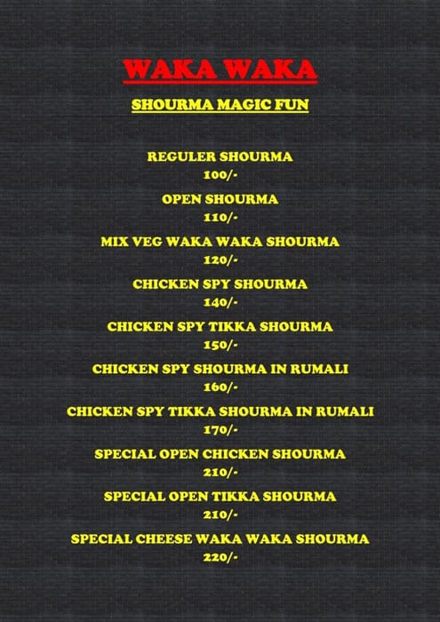 Menu of Waka Waka Shwarma And Rolls, Juhu, Mumbai