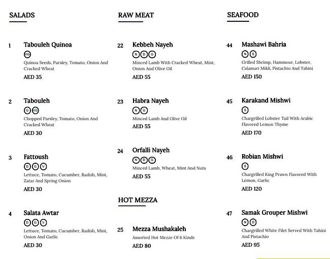 Menu at Awtar restaurant, Dubai, Convention Centre