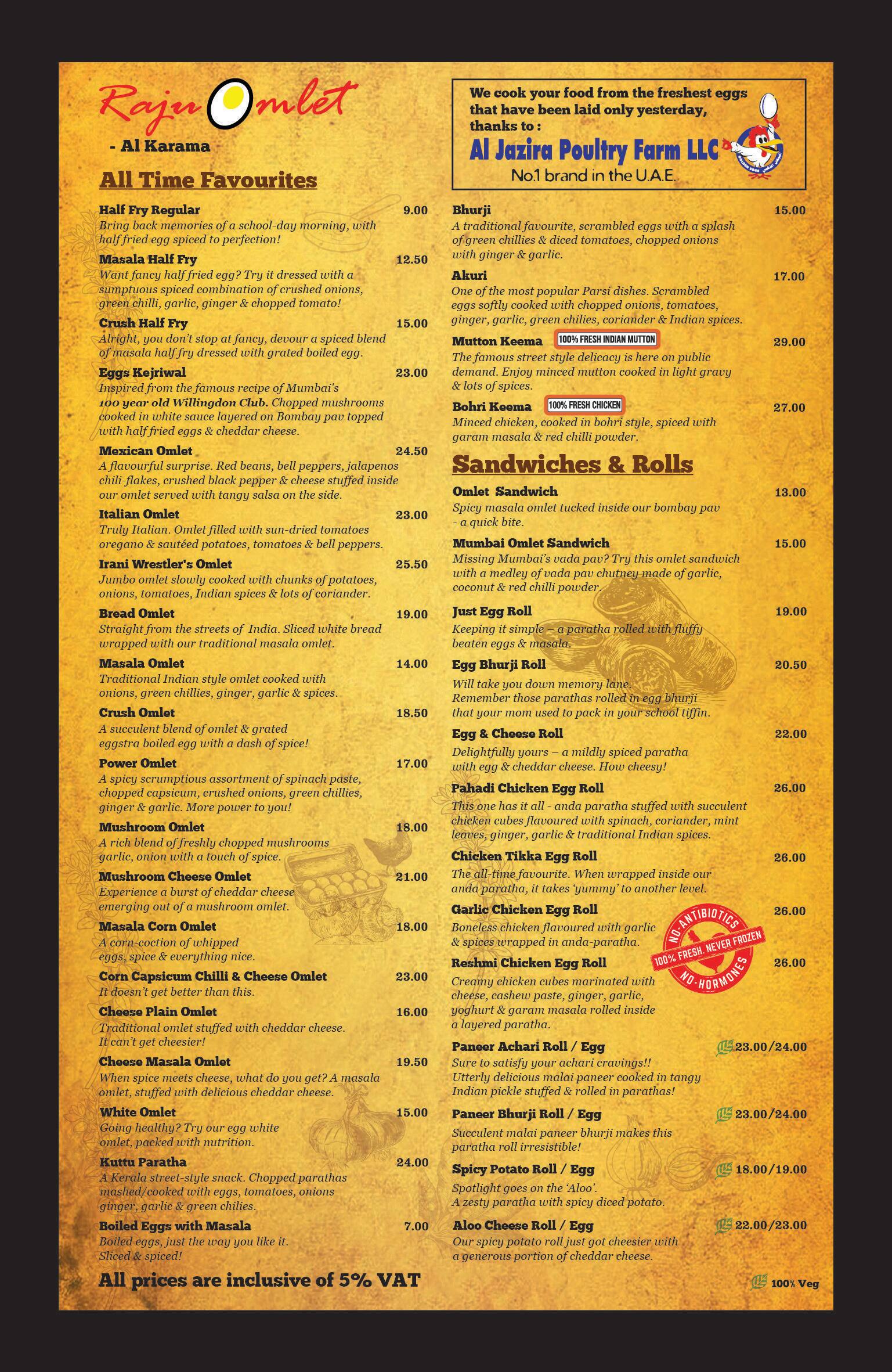 Menu of Raju Omlet, Al Karama, Dubai
