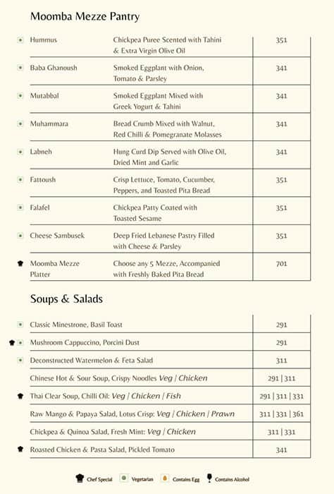 Menu of Moomba, Camac Street Area, Kolkata